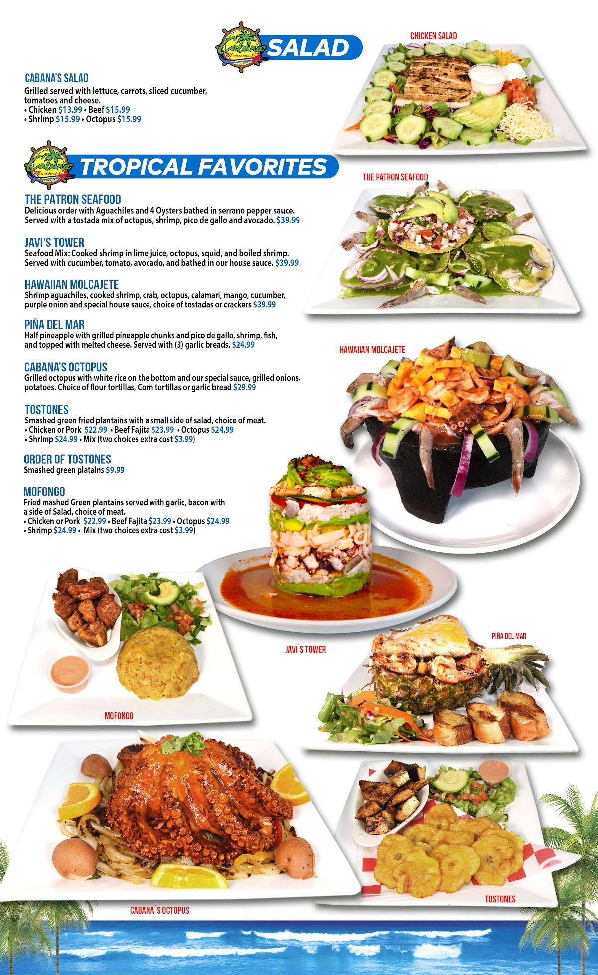 Menu at Cabana Mariscos restaurant, Port Arthur