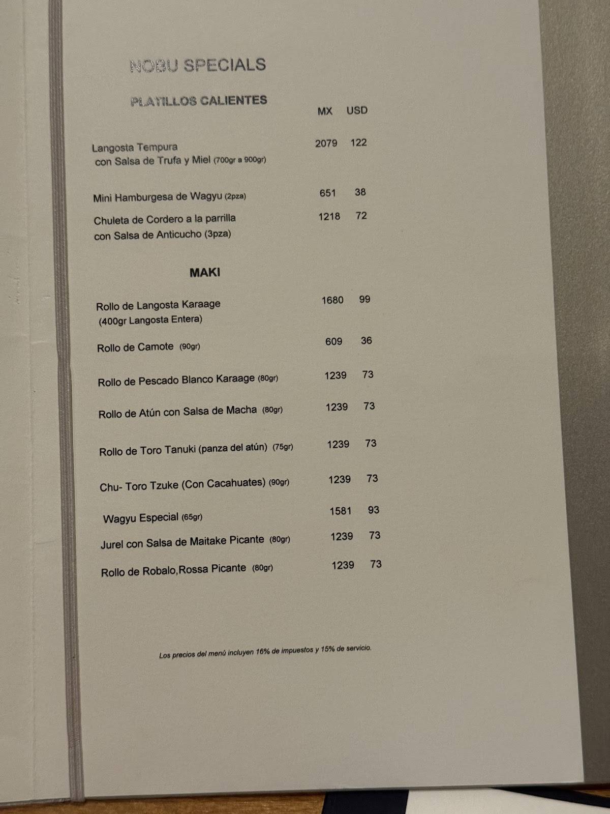 Menu at Nobu Restaurant Los Cabos, Cabo San Lucas