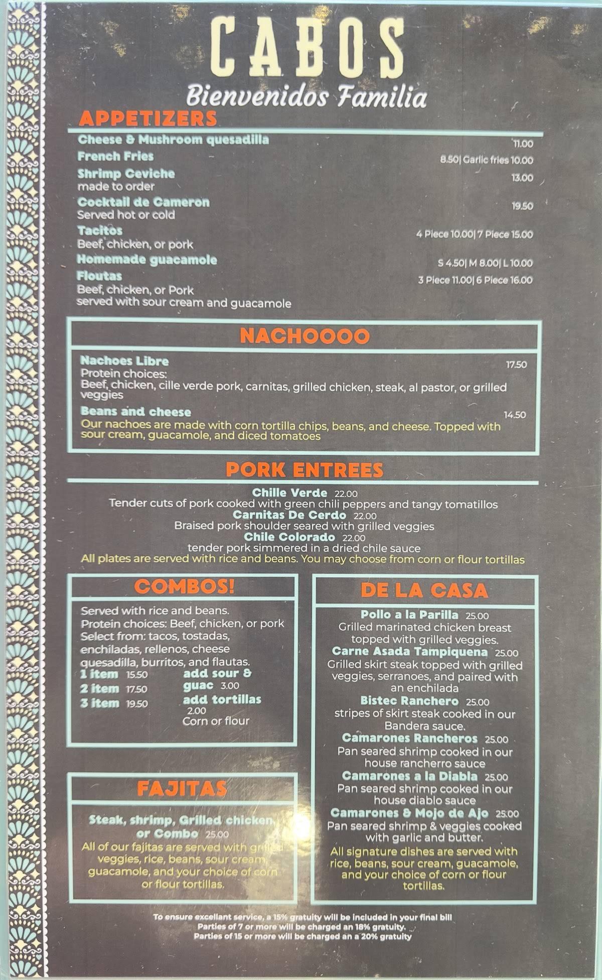 Menu at Cabos Méxican Restaurant, Clearlake