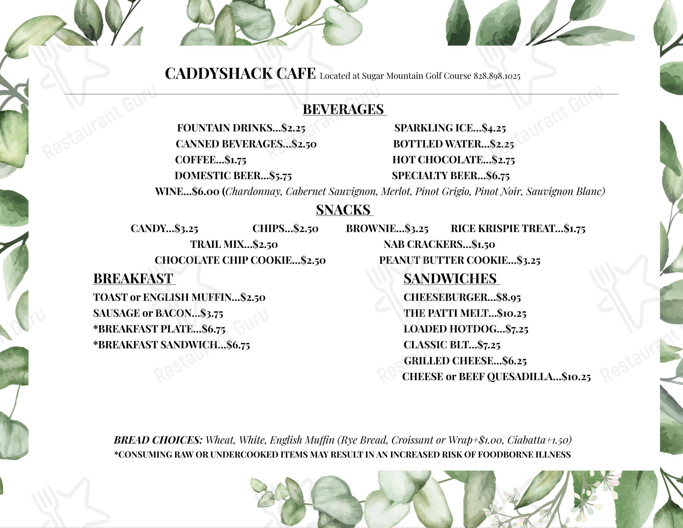 Menu at Caddyshack Cafe, Sugar Mountain