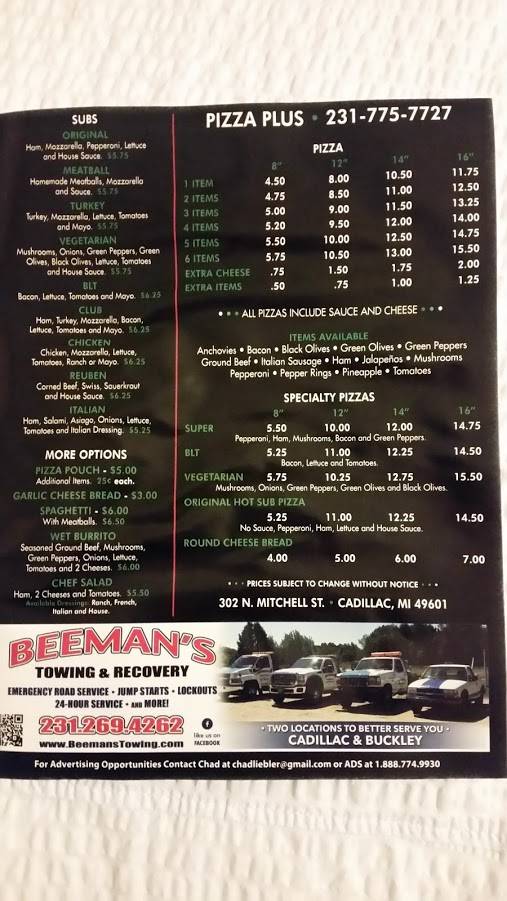 Menu at Pizza Plus pizzeria, Cadillac, 302 N Mitchell St