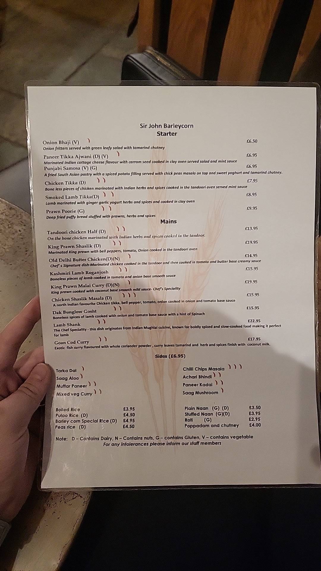 Menu at Sir John Barleycorn, Copythorne