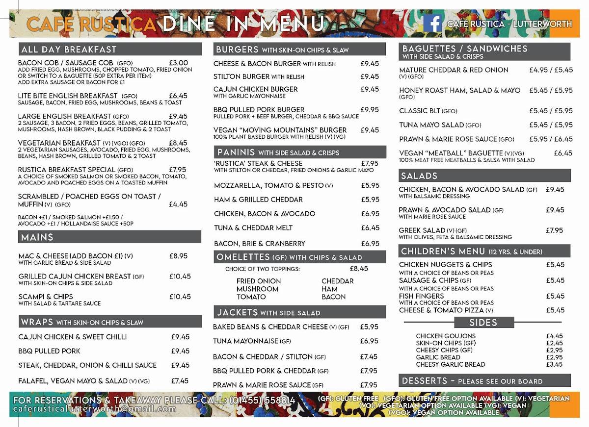 Menu at Café Rustica cafe, Lutterworth