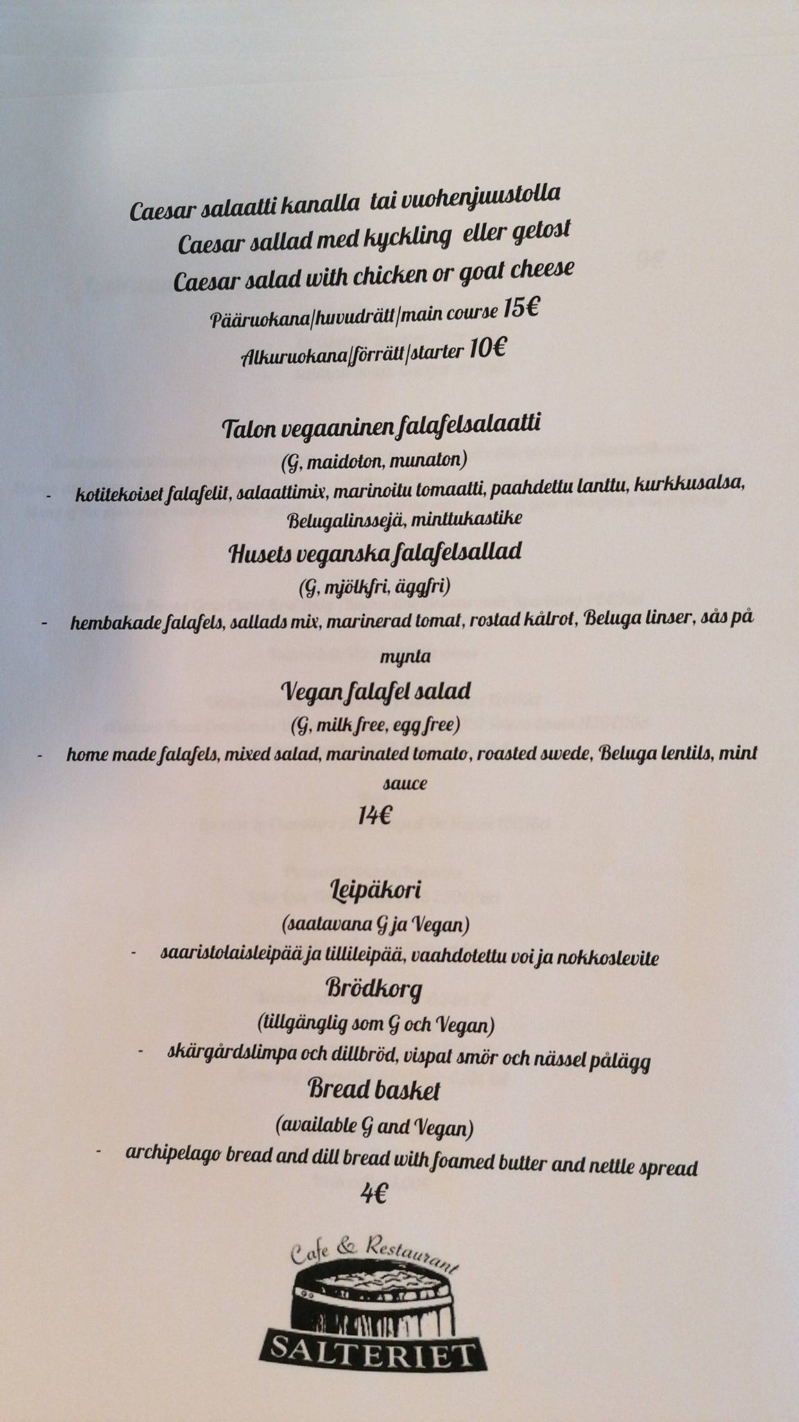 Menu at Café Salteriet Svedjehamn cafe, Björköby, Björkövägen 1011