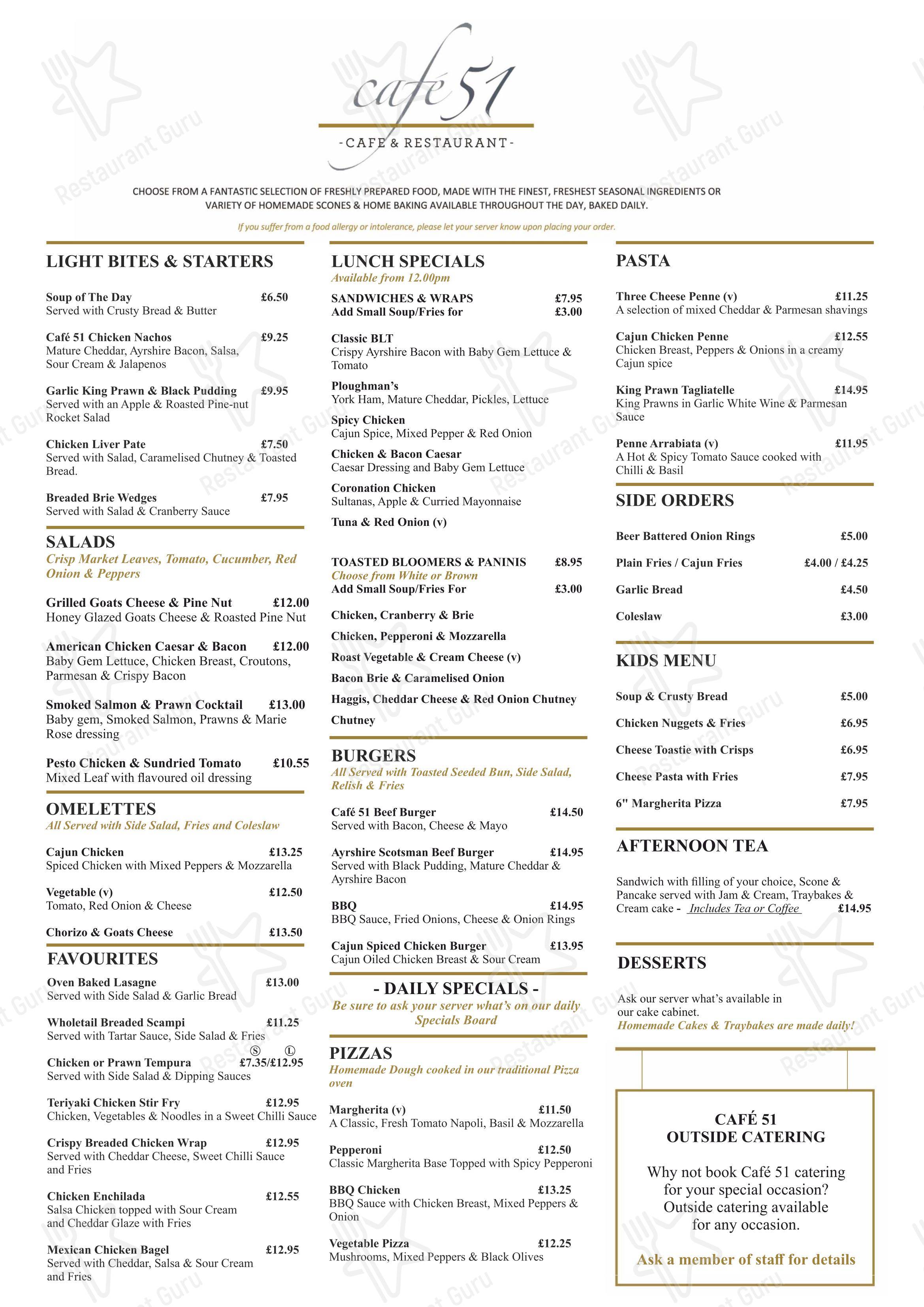Menu at Cafe 51, Ayr