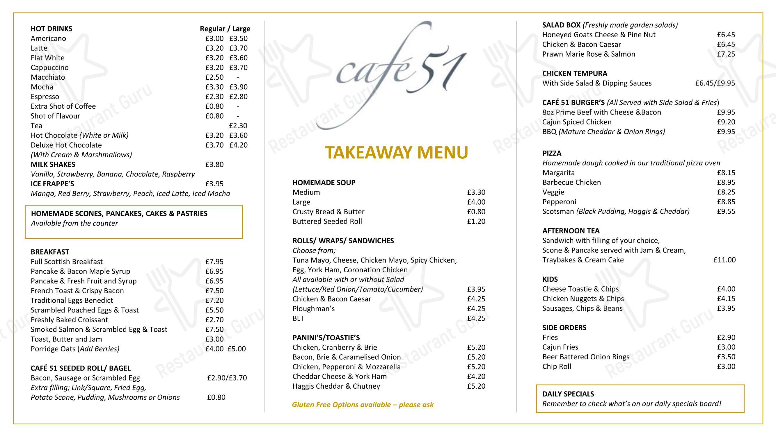 Menu at Cafe 51, Ayr