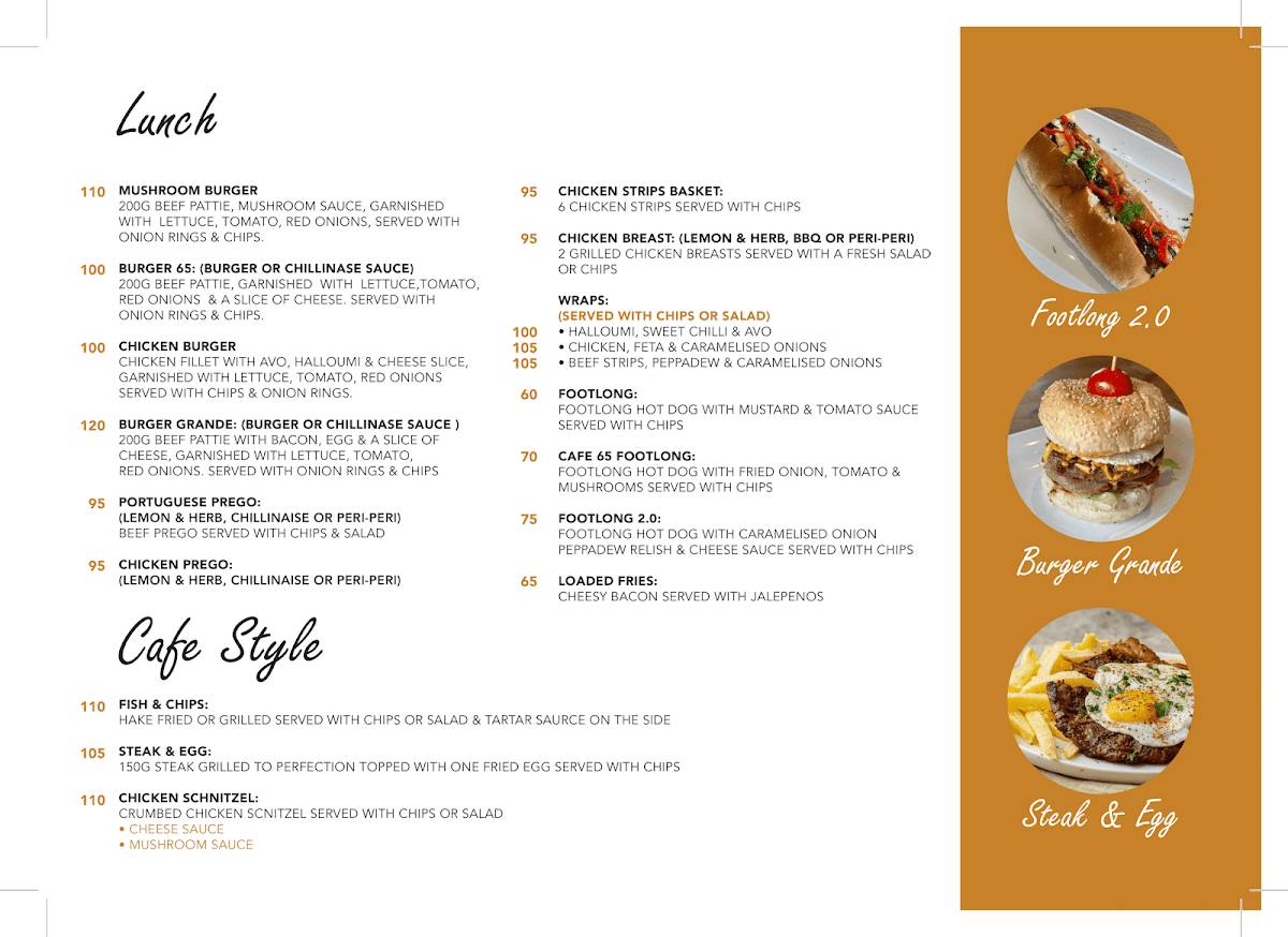 Menu at Café 65 cafe, New Redruth