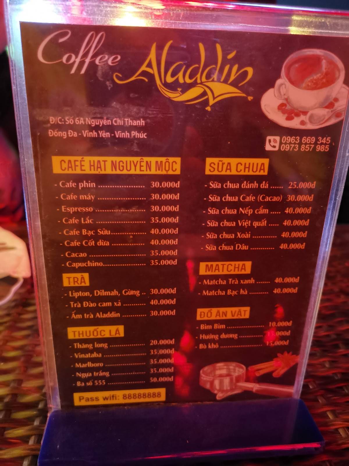 Menu at Cafe Aladdin ( Khu Vui Chơi Aladdin ), Vinh Yen