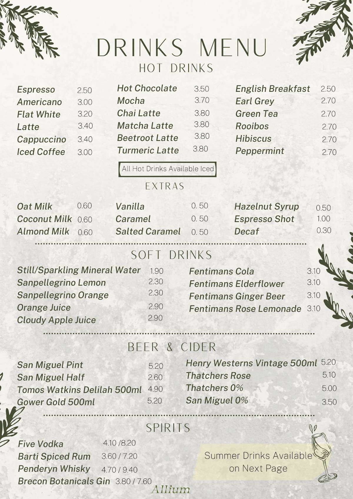 Menu at Allium cafe, Tenby