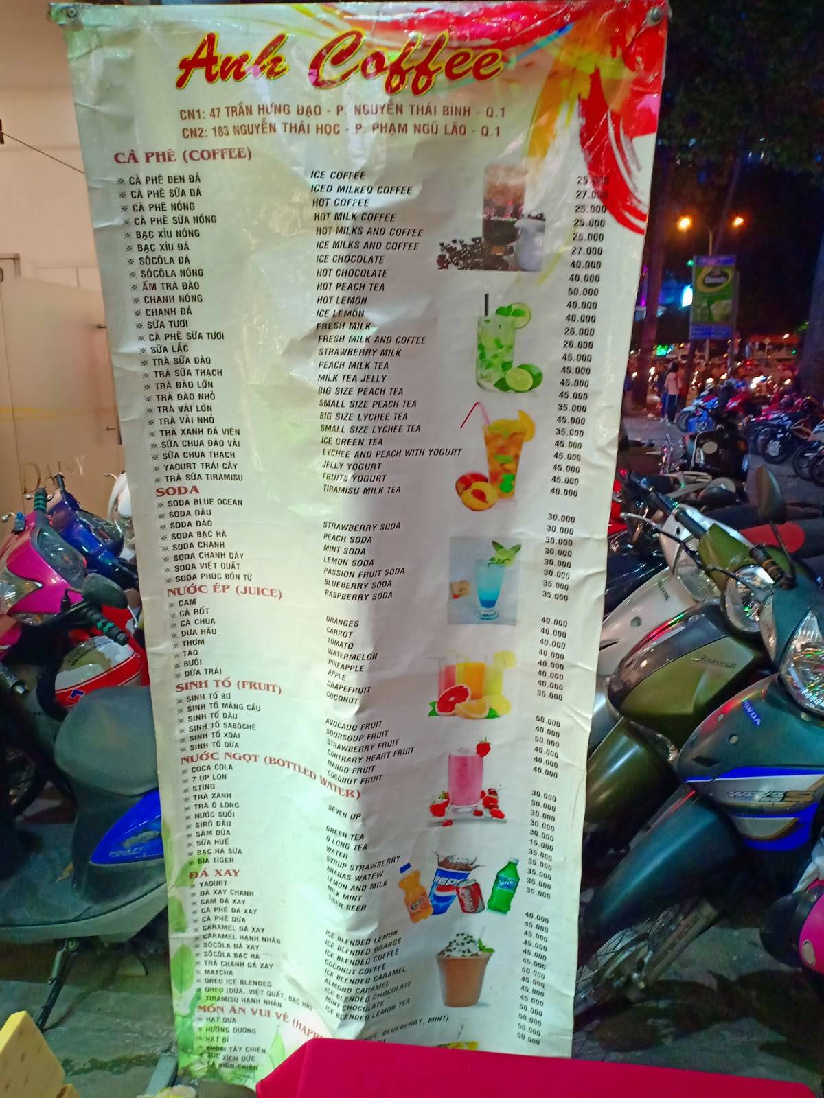 Menu at Anh Coffee cafe, Ho Chi Minh City, 47 Đ. Trần Hưng Đạo