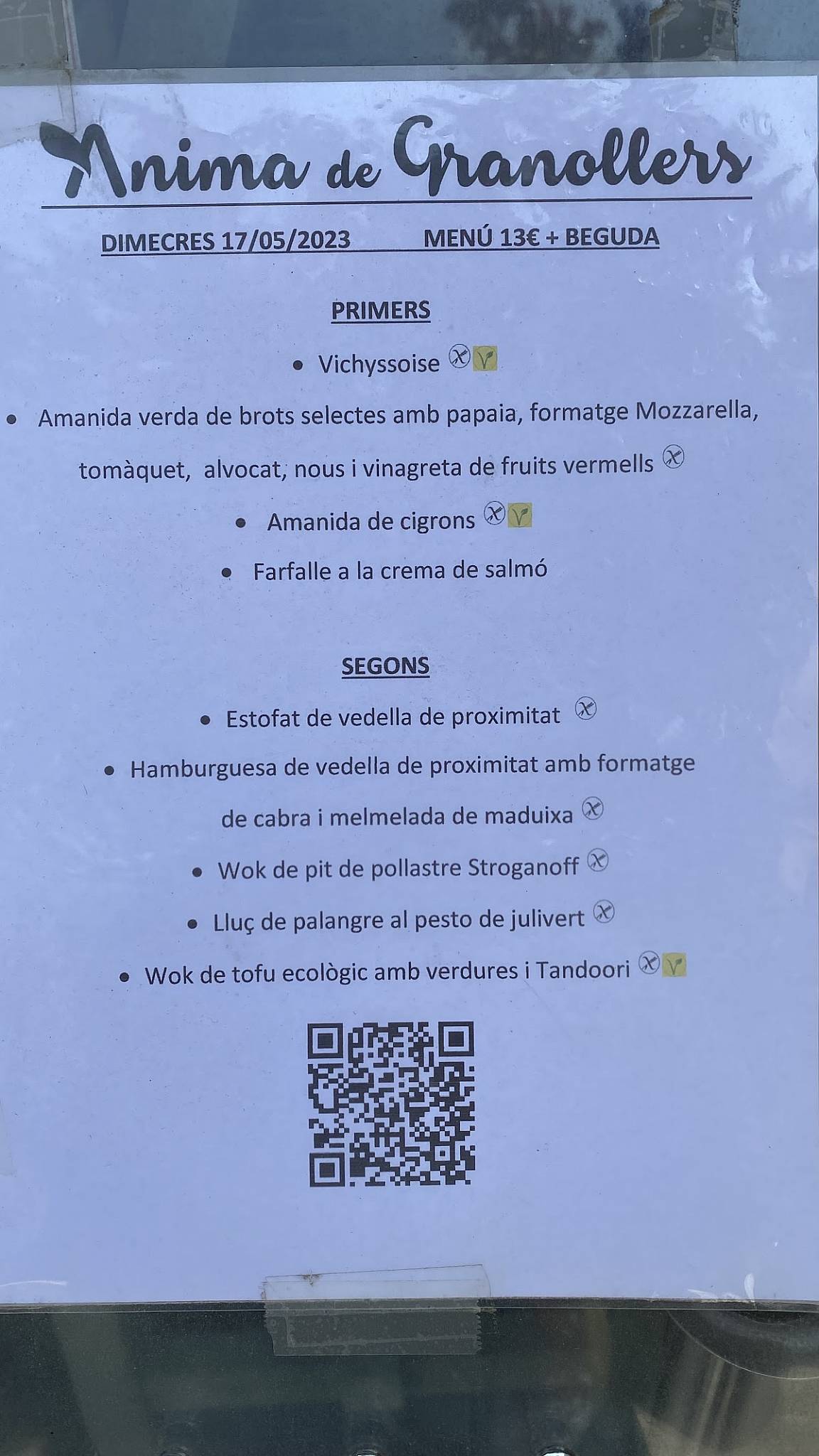 Menu at Ànima de Granollers cafe, Granollers