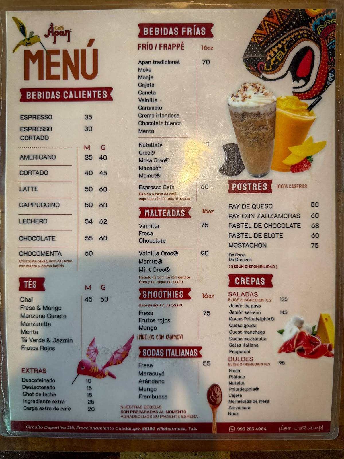 Carta de Cafe Apan tab, Villahermosa