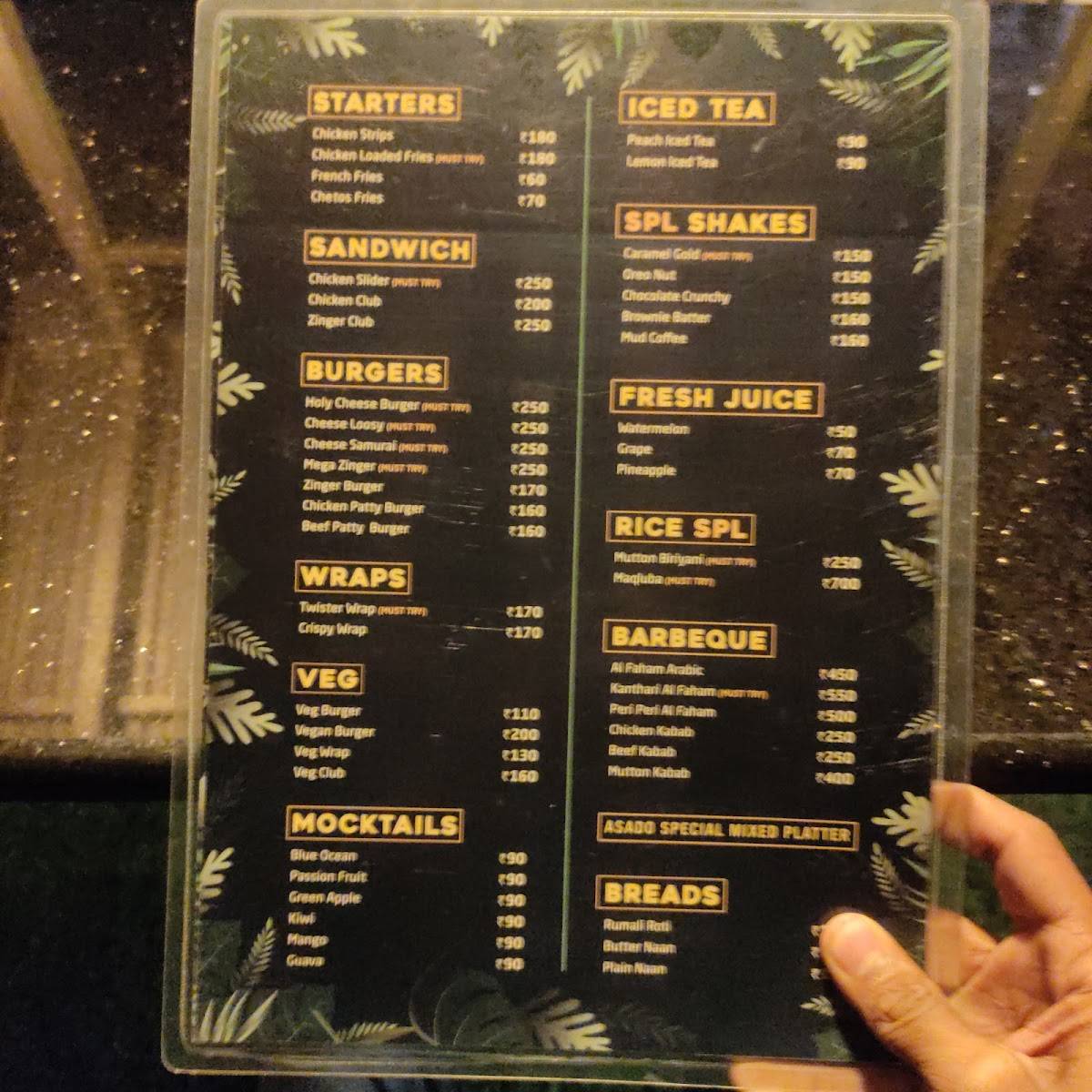 Menu at Asado Cafe, Kollam