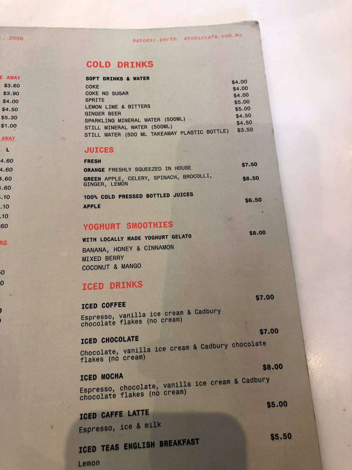 Menu at Atomic cafe, South Perth