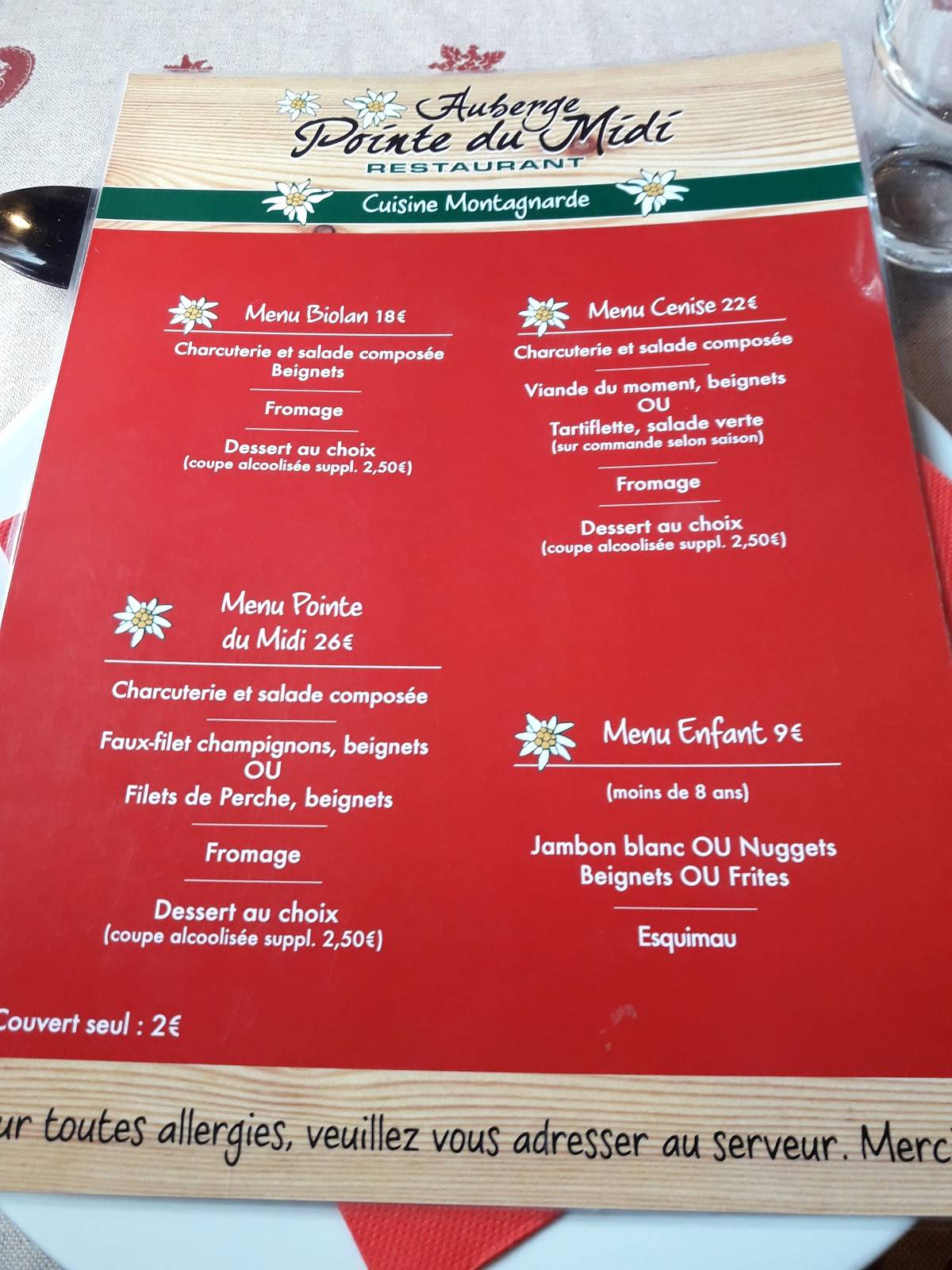 Menu au Auberge Pointe du Midi café, Mont-Saxonnex, La Pellaz