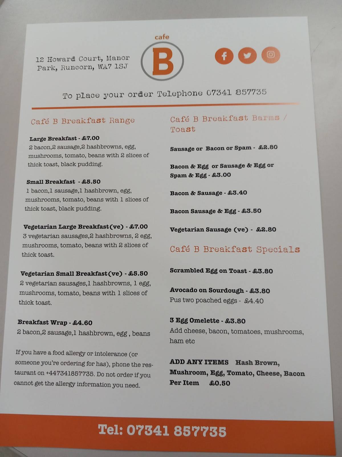 Menu at Cafe B, Runcorn, Howard Court