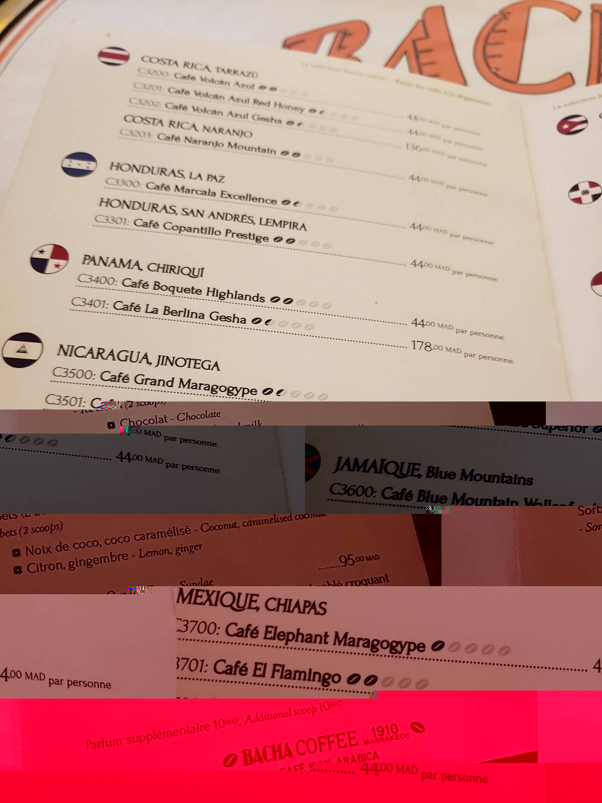 Menu at Bacha Coffee cafe, Marrakesh