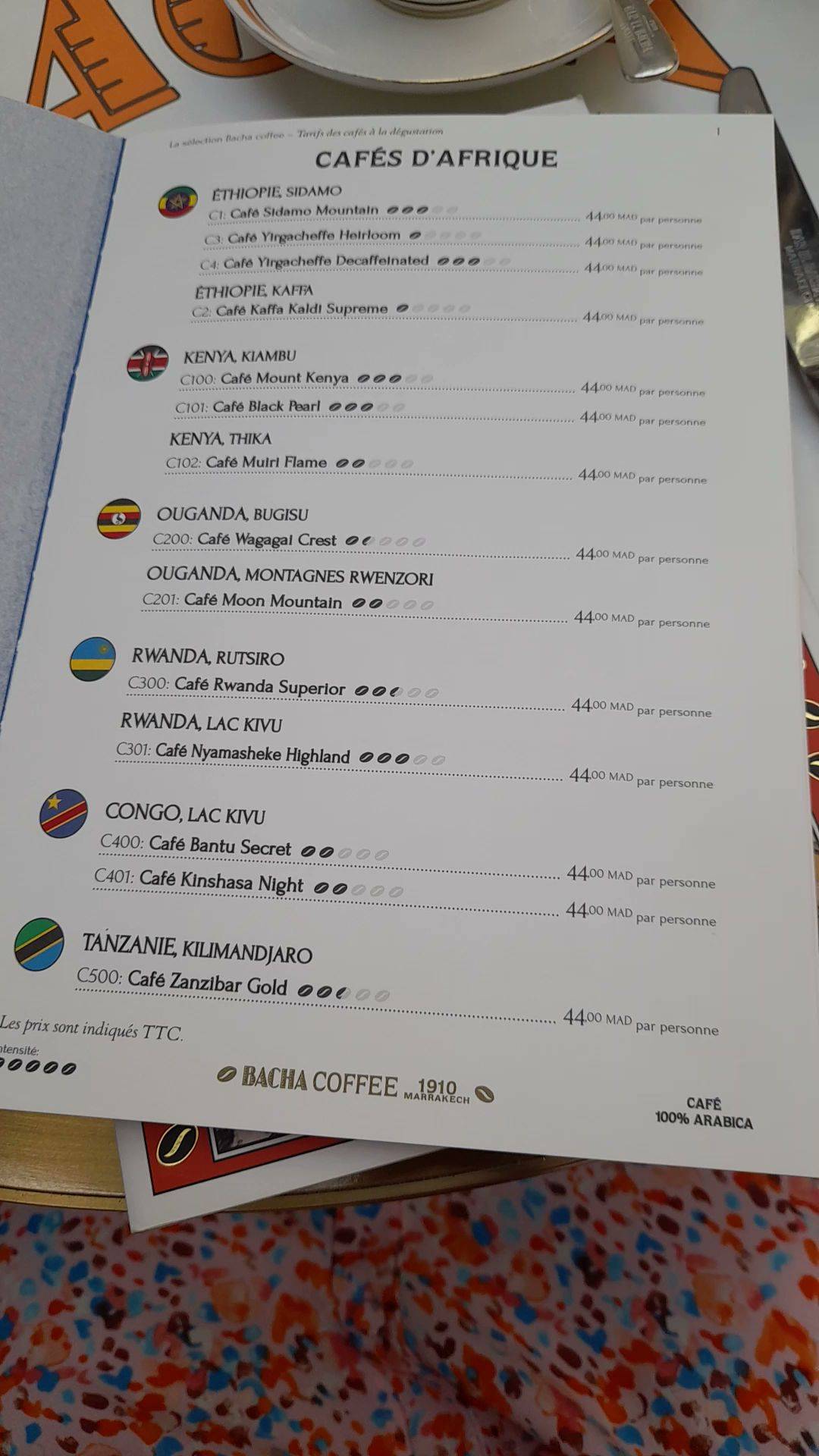 Menu au Bacha Coffee café, Marrakech