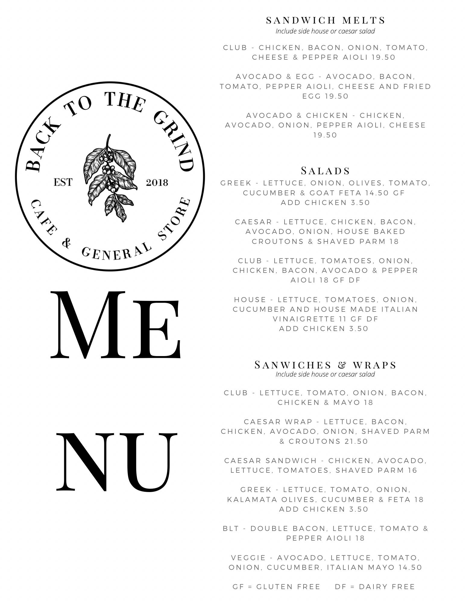 Menu at Back to the Grind Coffee House, Kapuskasing