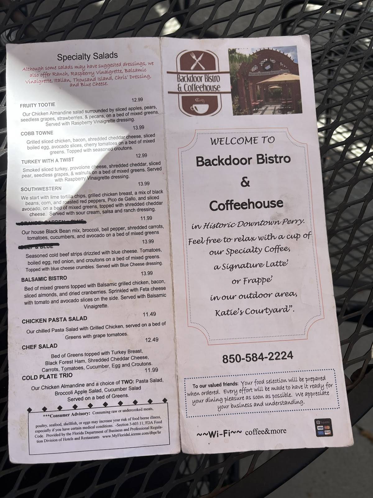 Menu at Backdoor Bistro & Coffeehouse of Perry cafe, Perry