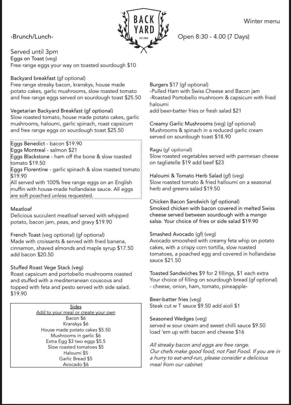 Carta de Backyard Cafe, Porirua