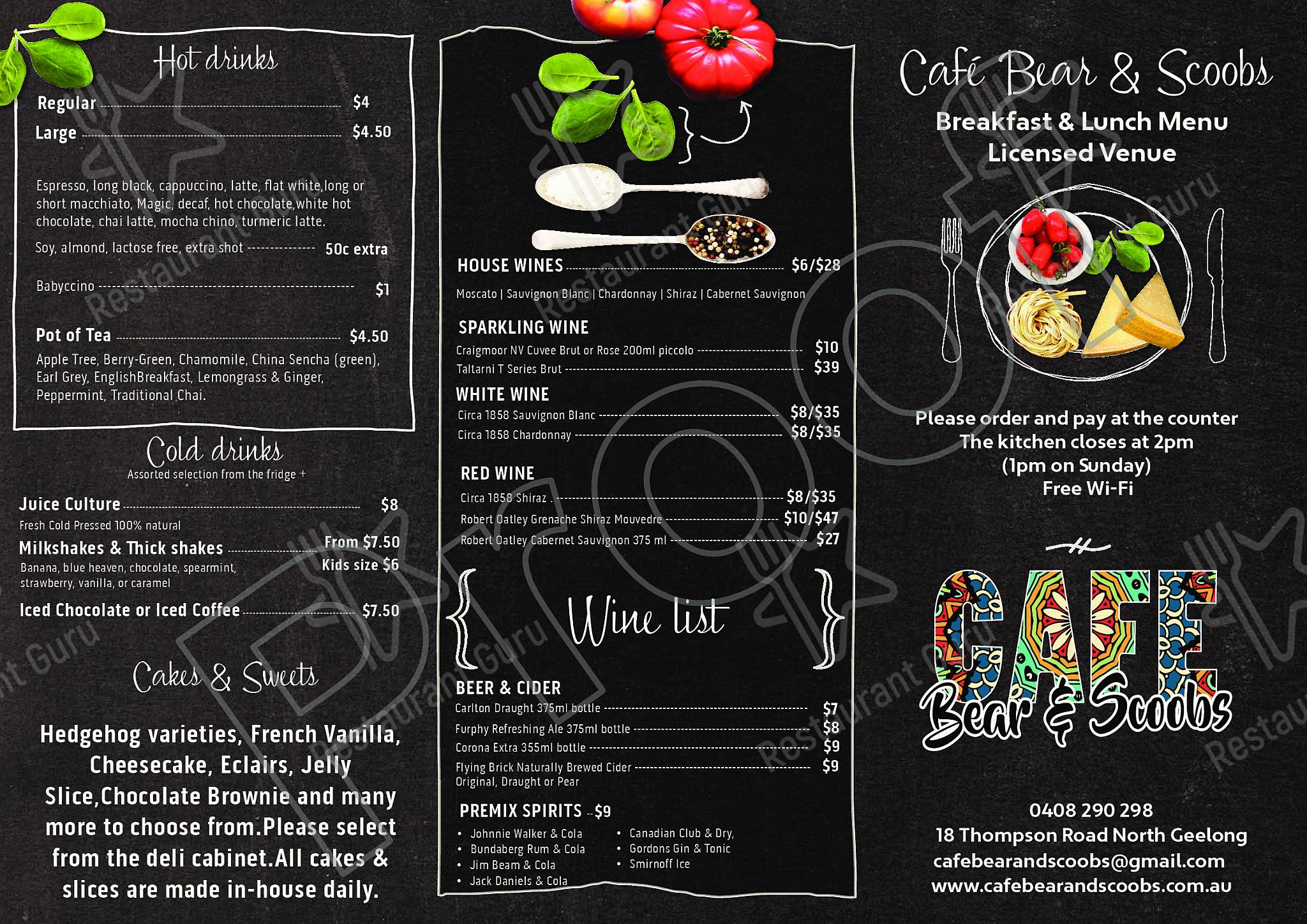 Menu at Café Bear & Scoobs cafe, North Geelong