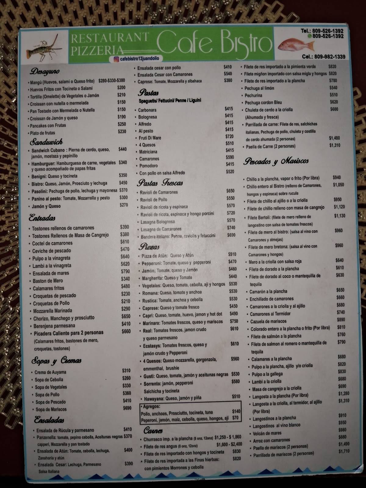 Menu at Café Bistro, Juan Dolio