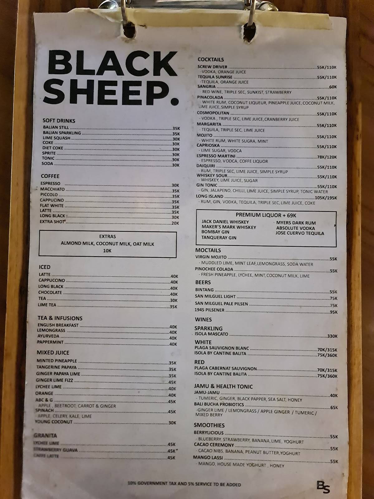 Menu at Black Sheep cafe, MAS