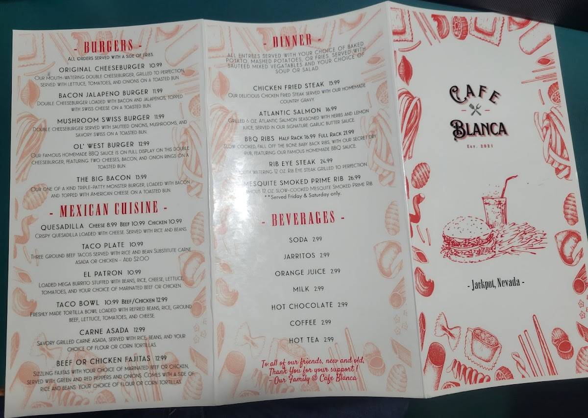 Menu at Cafe Blanca, Jackpot