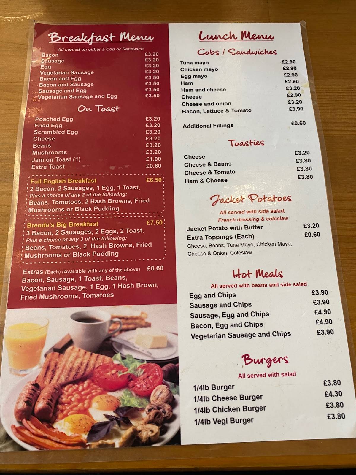 Menu at Brenda’s Cafe, Derby