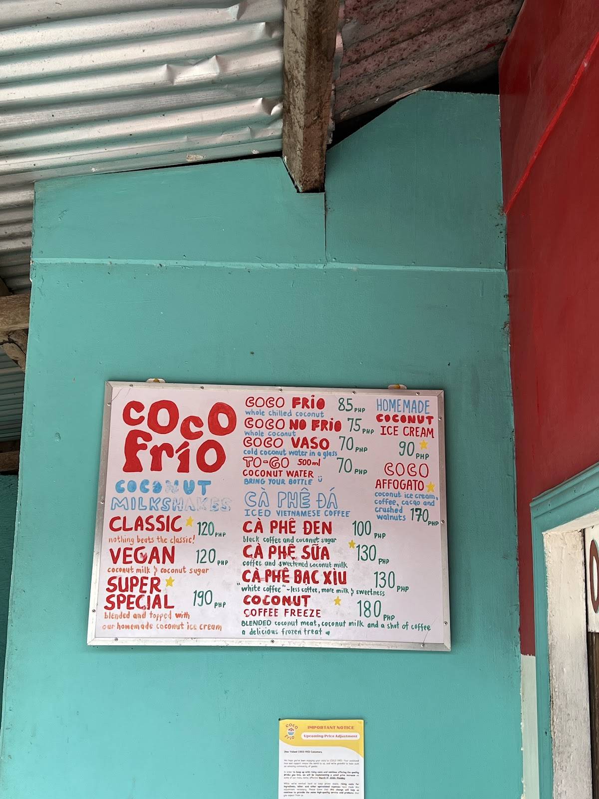 Menu at COCO FRÍO cafe, General Luna, Tourism Rd