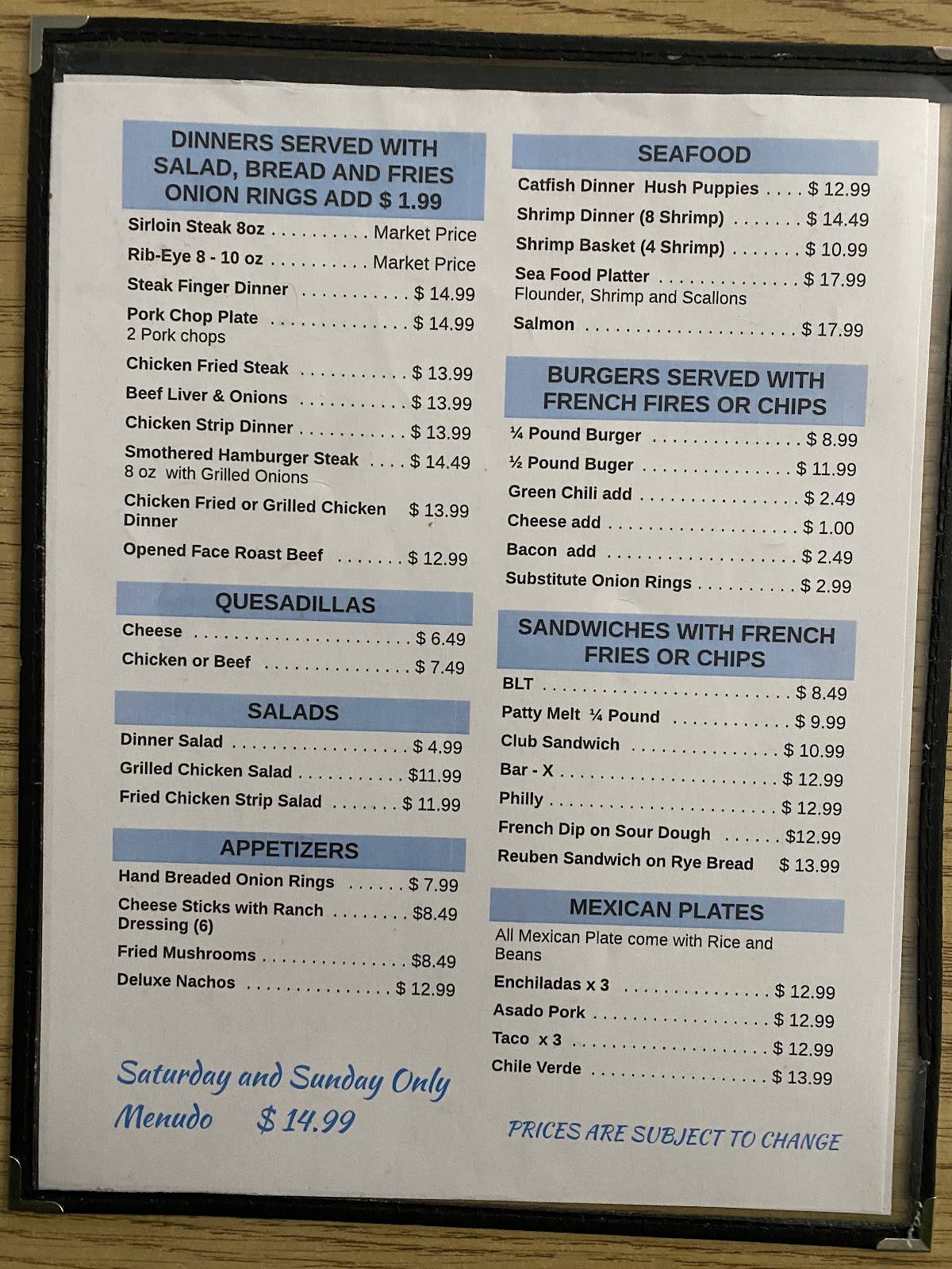 Menu at COUNTRY CAFE, Odessa, 10161 W University Blvd