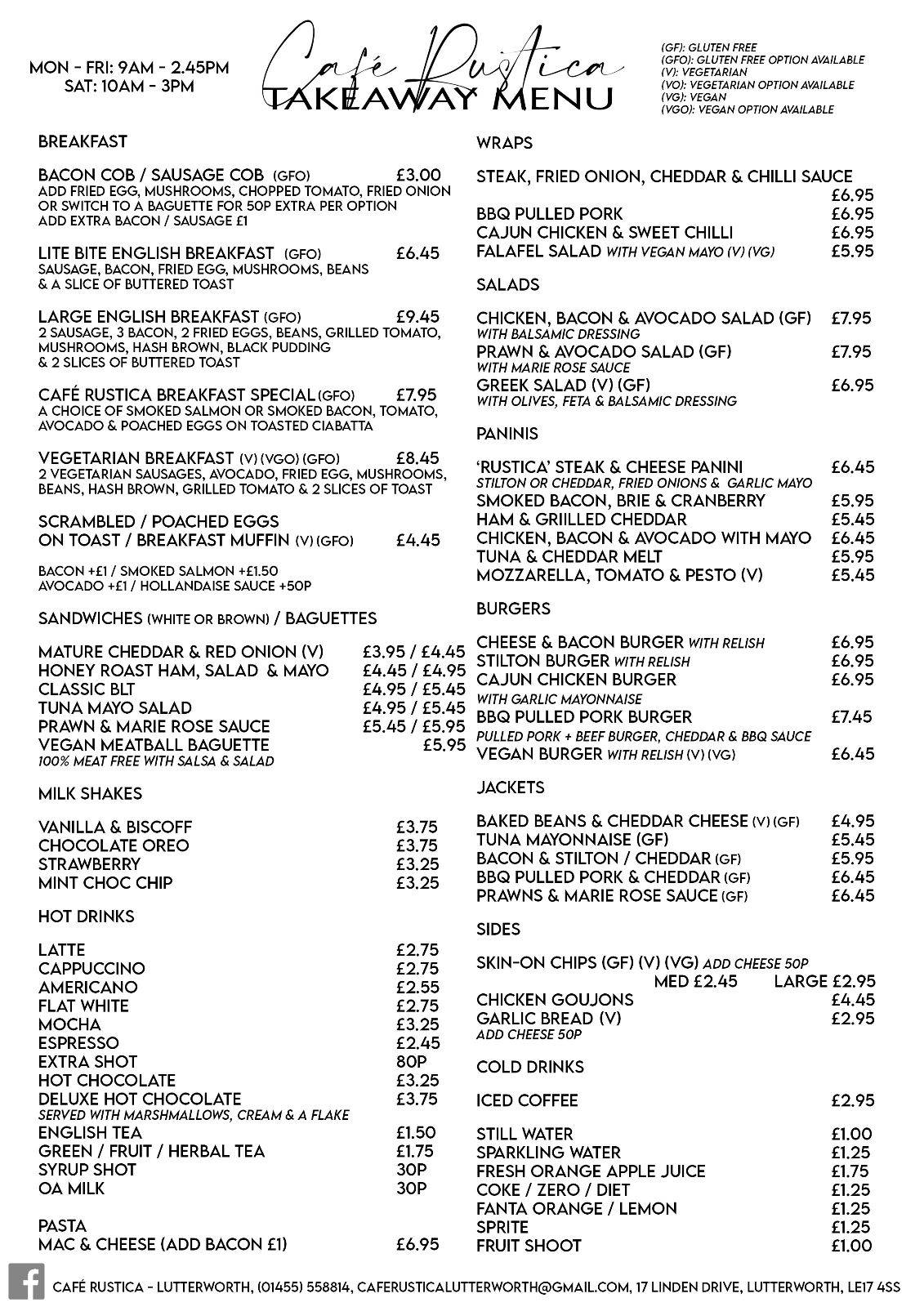 Menu at Café Rustica cafe, Lutterworth