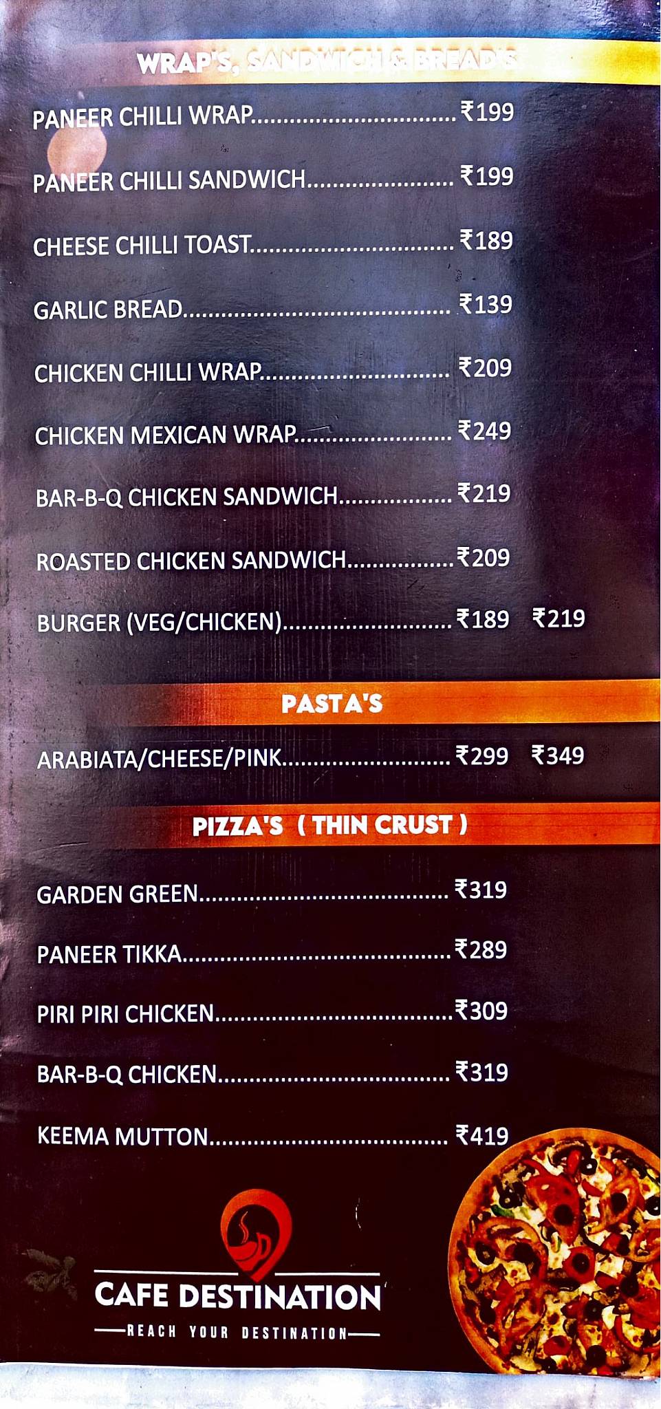 Menu at Cafe Destination, Chandannagar