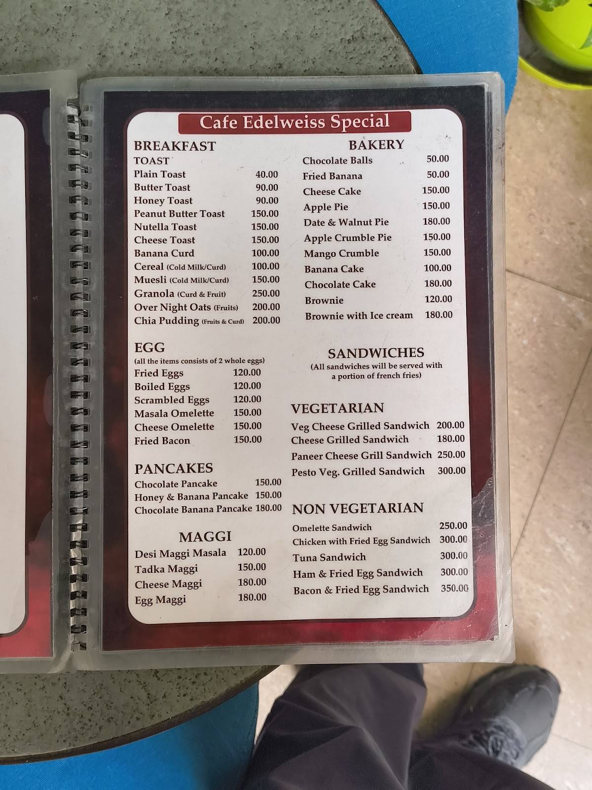 Menu at Cafe Edelweiss, Udaipur