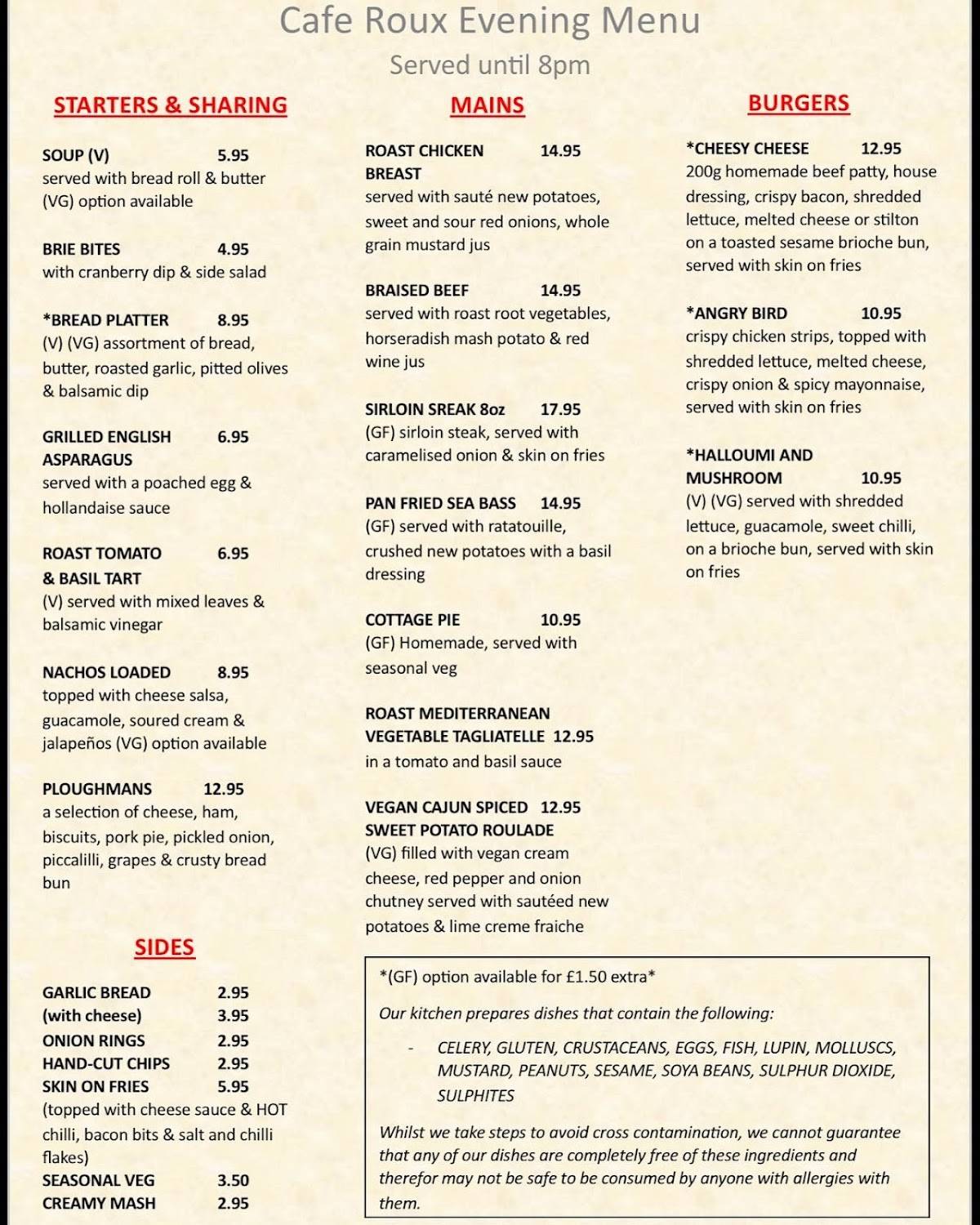 Menu at Café Roux Willenhall cafe, Willenhall