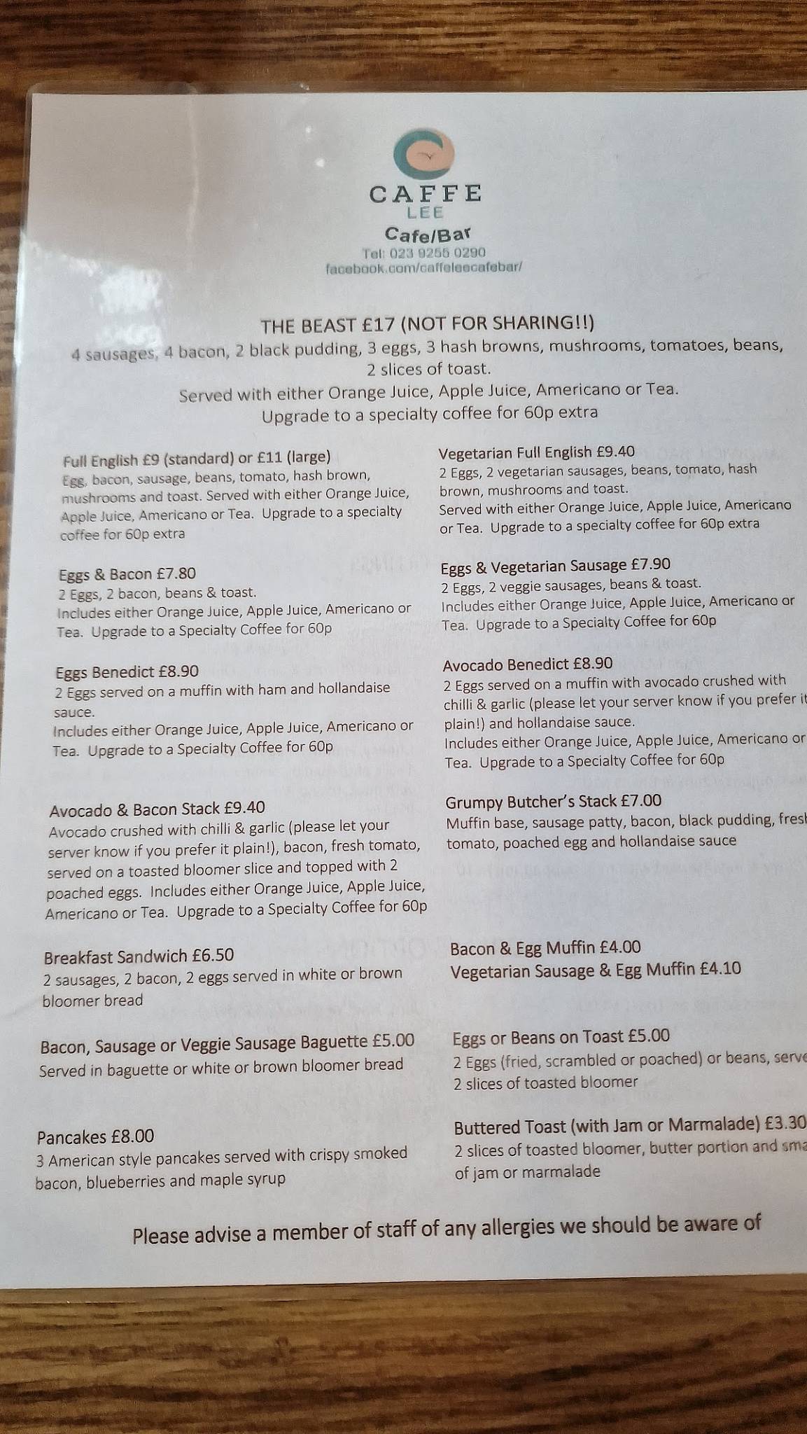 Menu at Caffe Lee - Cafe/Bar, Lee-on-the-Solent