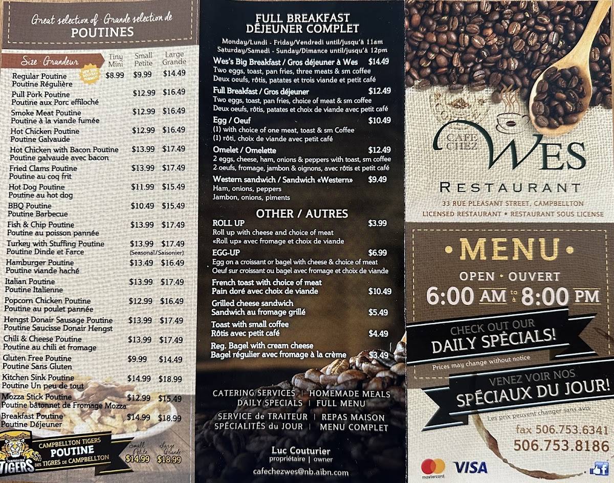 Menu at Cafe Chez Wes, Campbellton