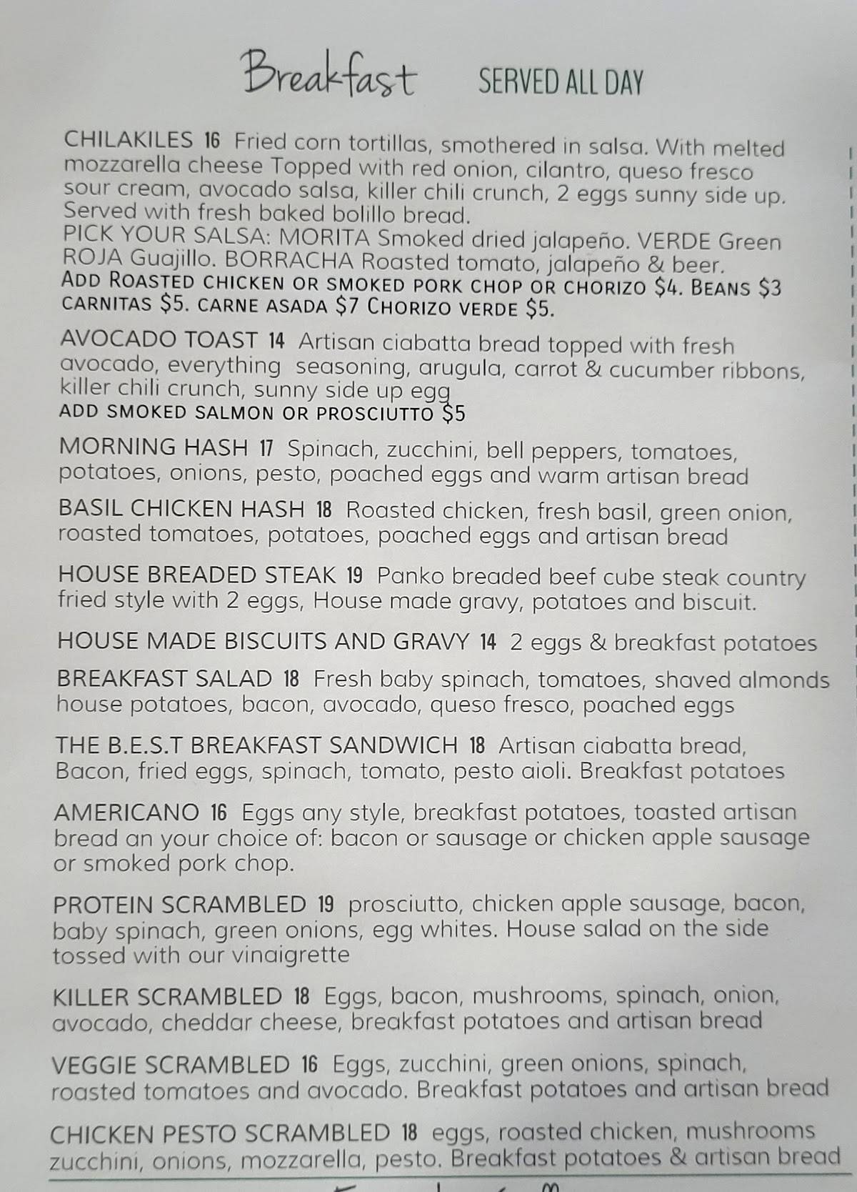 Menu at Chila-killer cafe, Rohnert Park