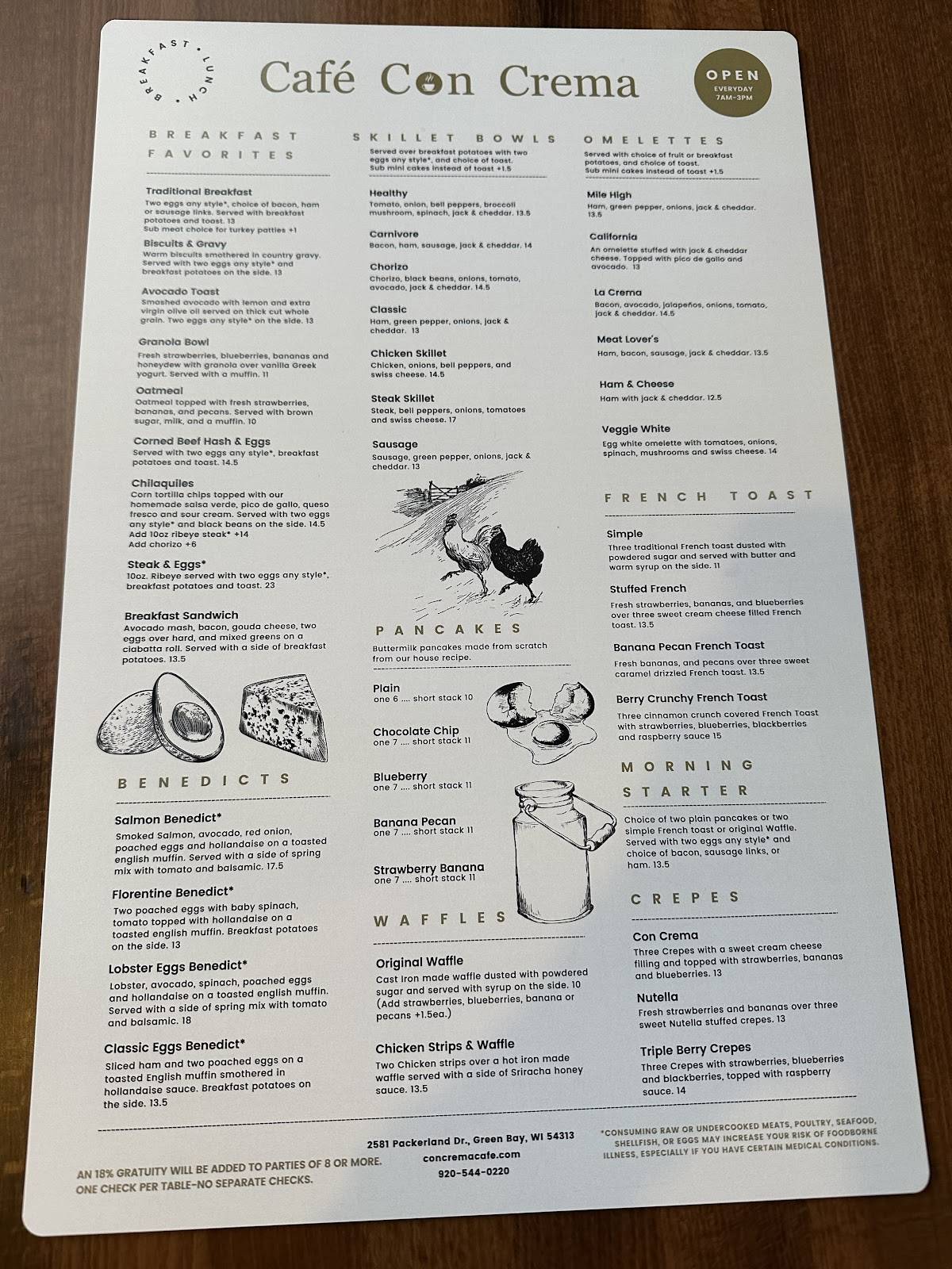 Menu at Café Con Crema restaurant, Green Bay