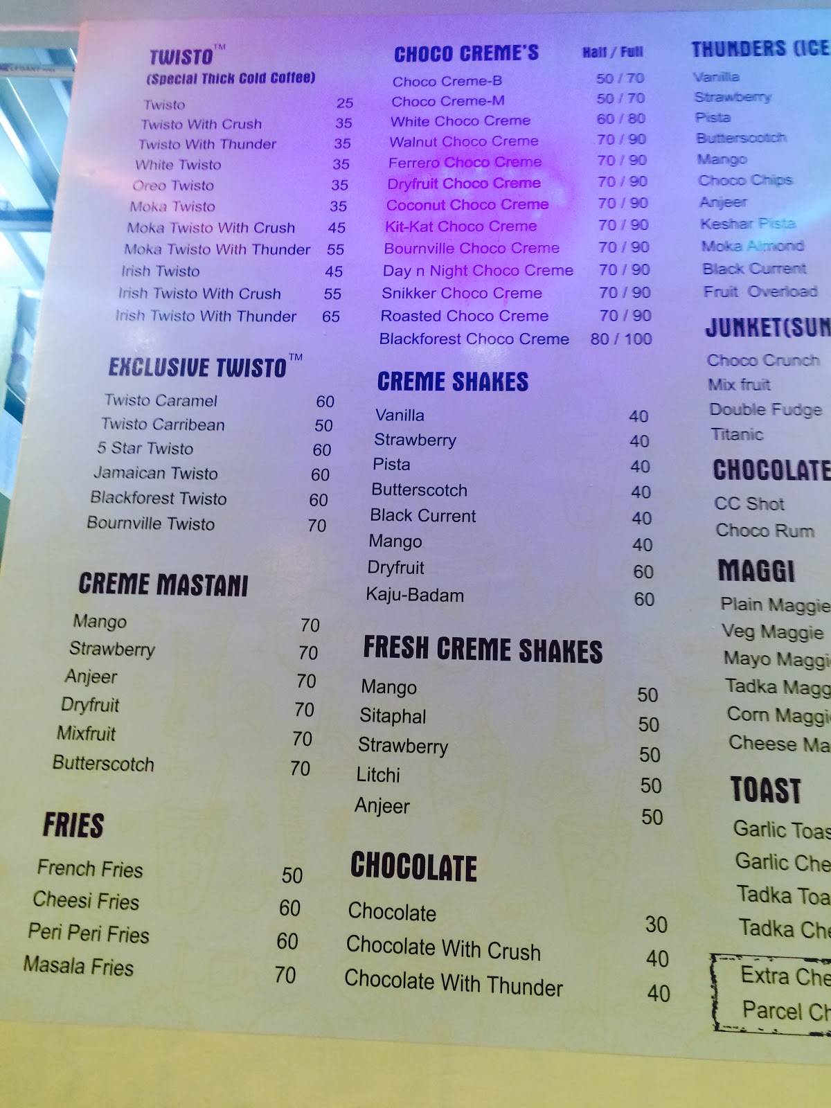 Menu at Cafe Creamy Nuts, Pune, Akurdi Railway Station Road