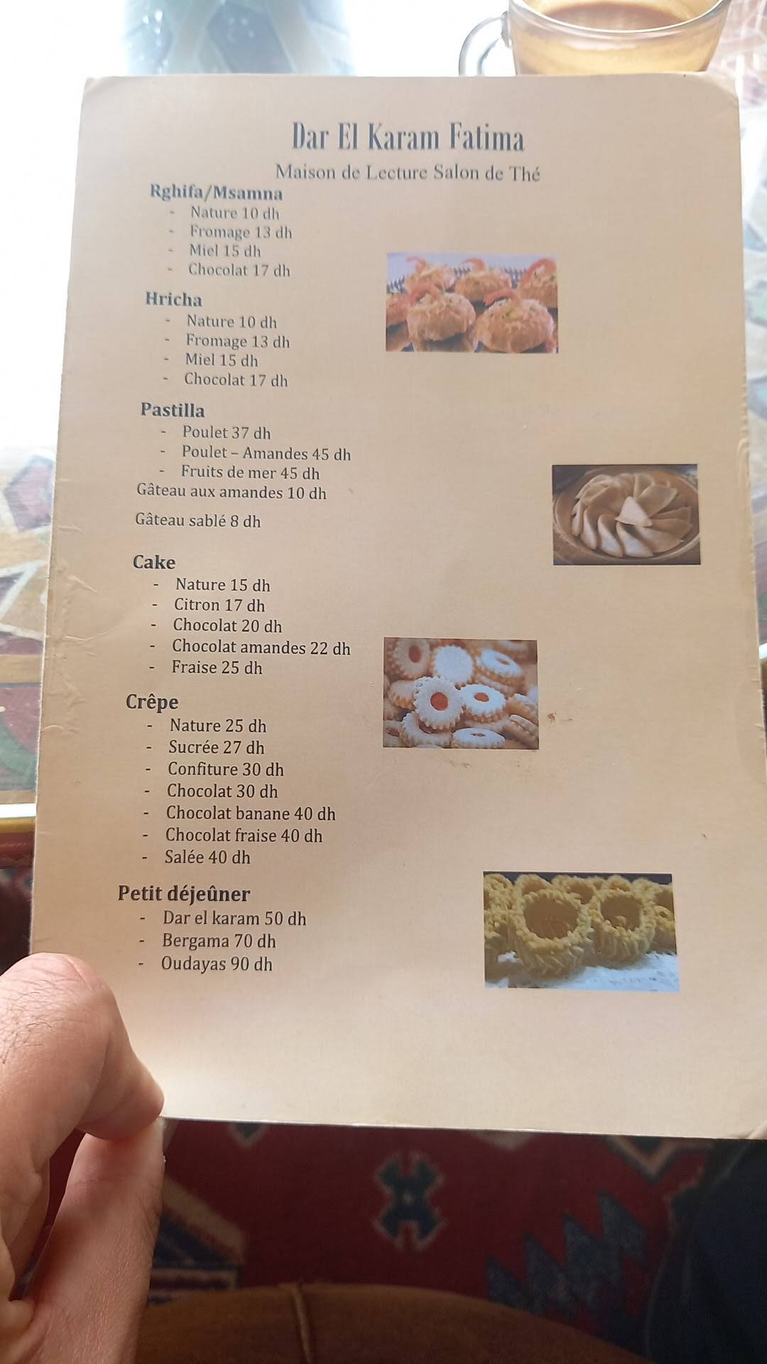 Menu au Dar El Karam Fatima café, Rabat
