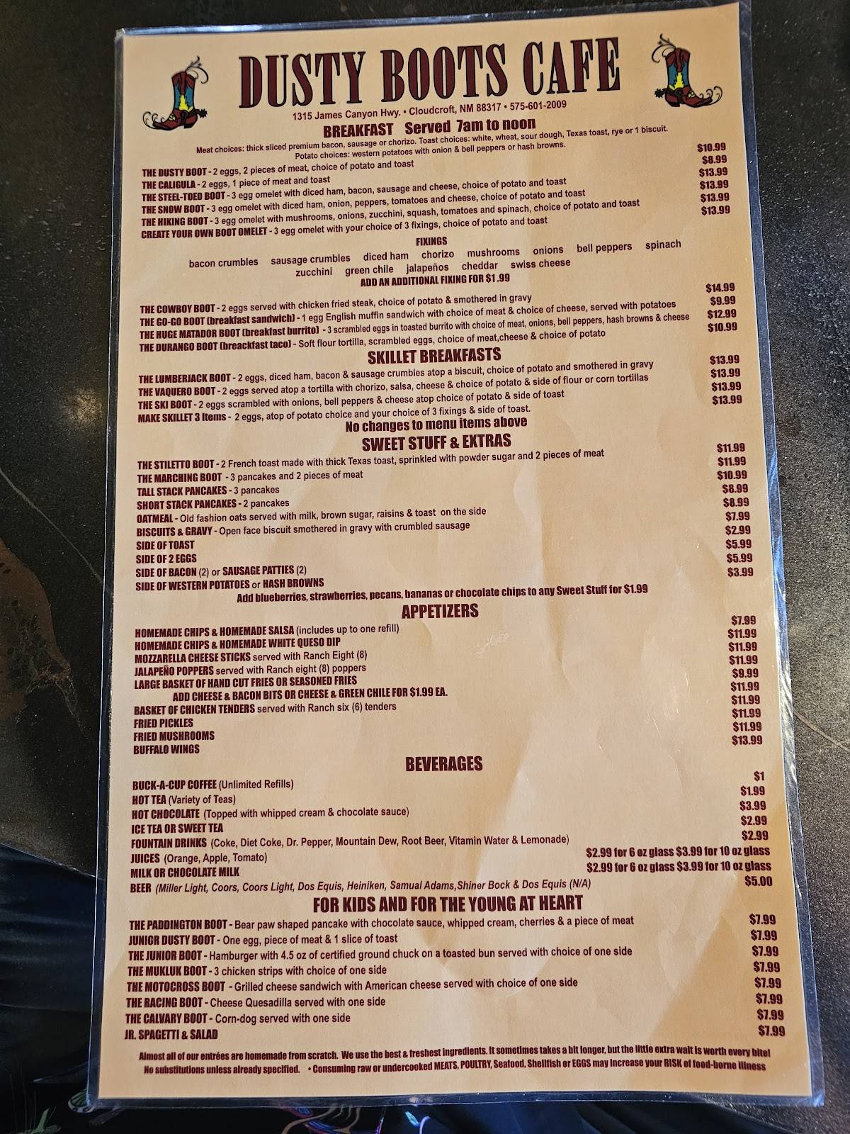 Menu at Dusty Boots Cafe, Cloudcroft
