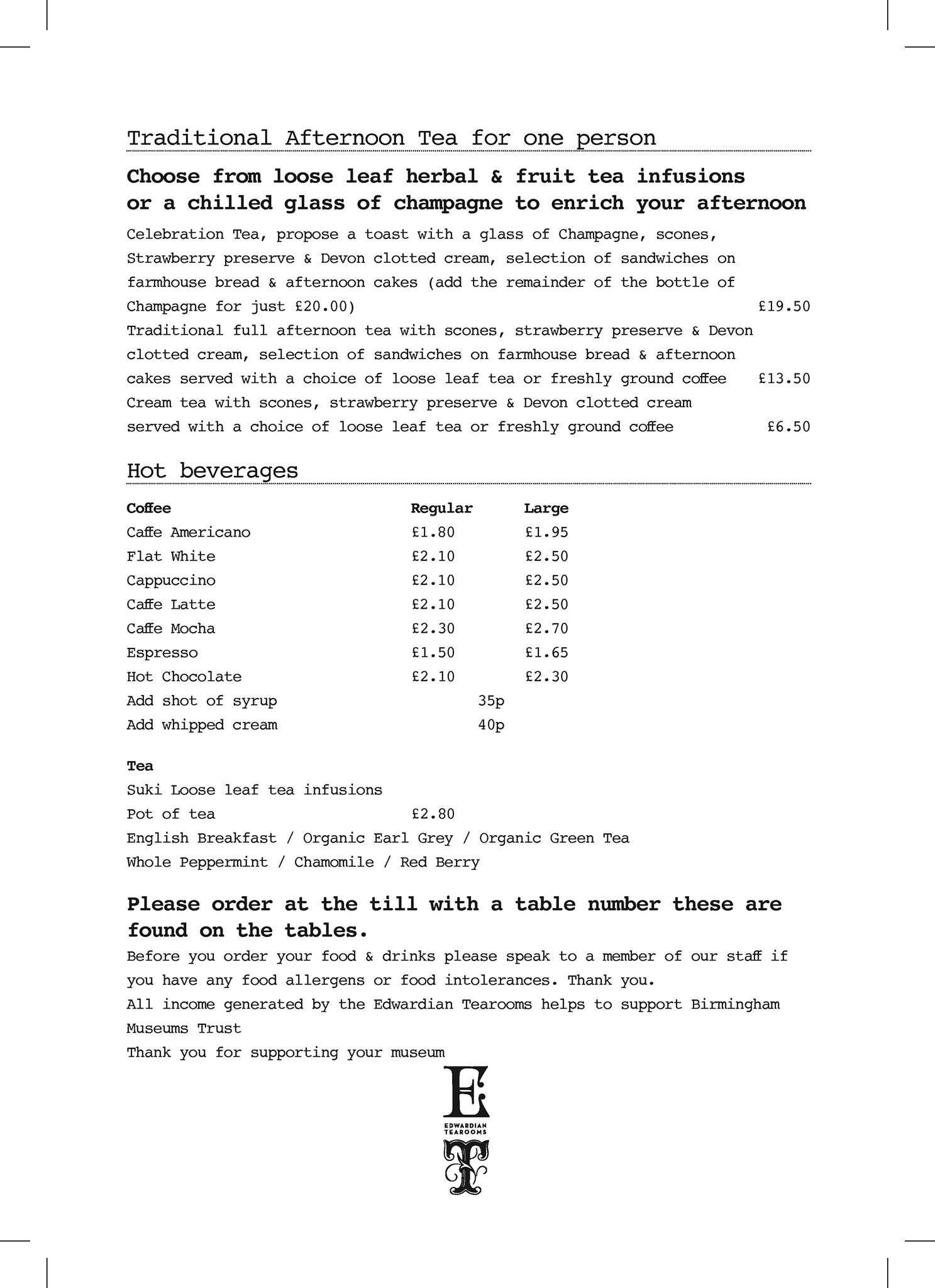 Menu at Edwardian Tea Room cafe, Birmingham