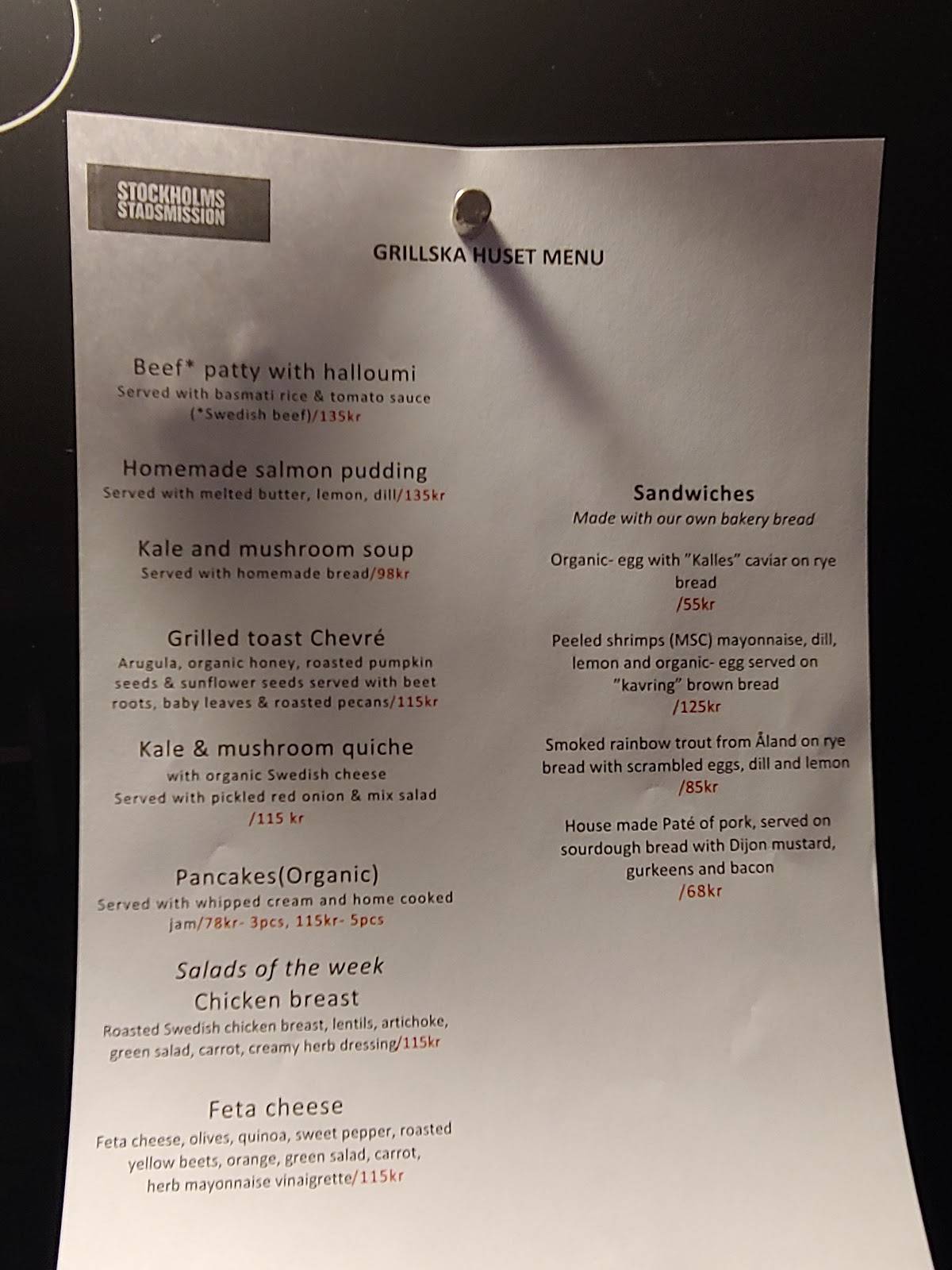 Menu at Grillska Huset cafe, Stockholm