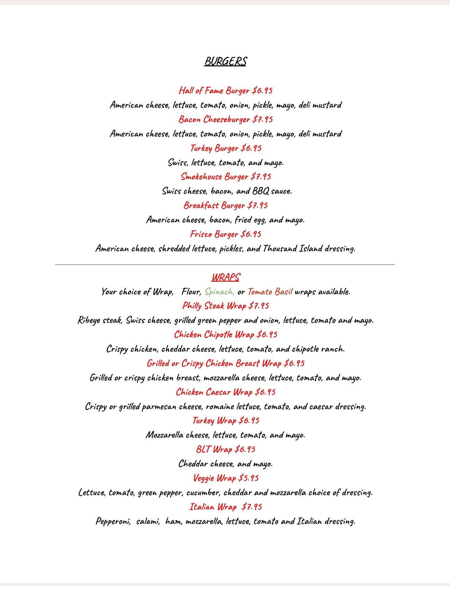 Menu at Hall of Fame Cafe, Wheeling