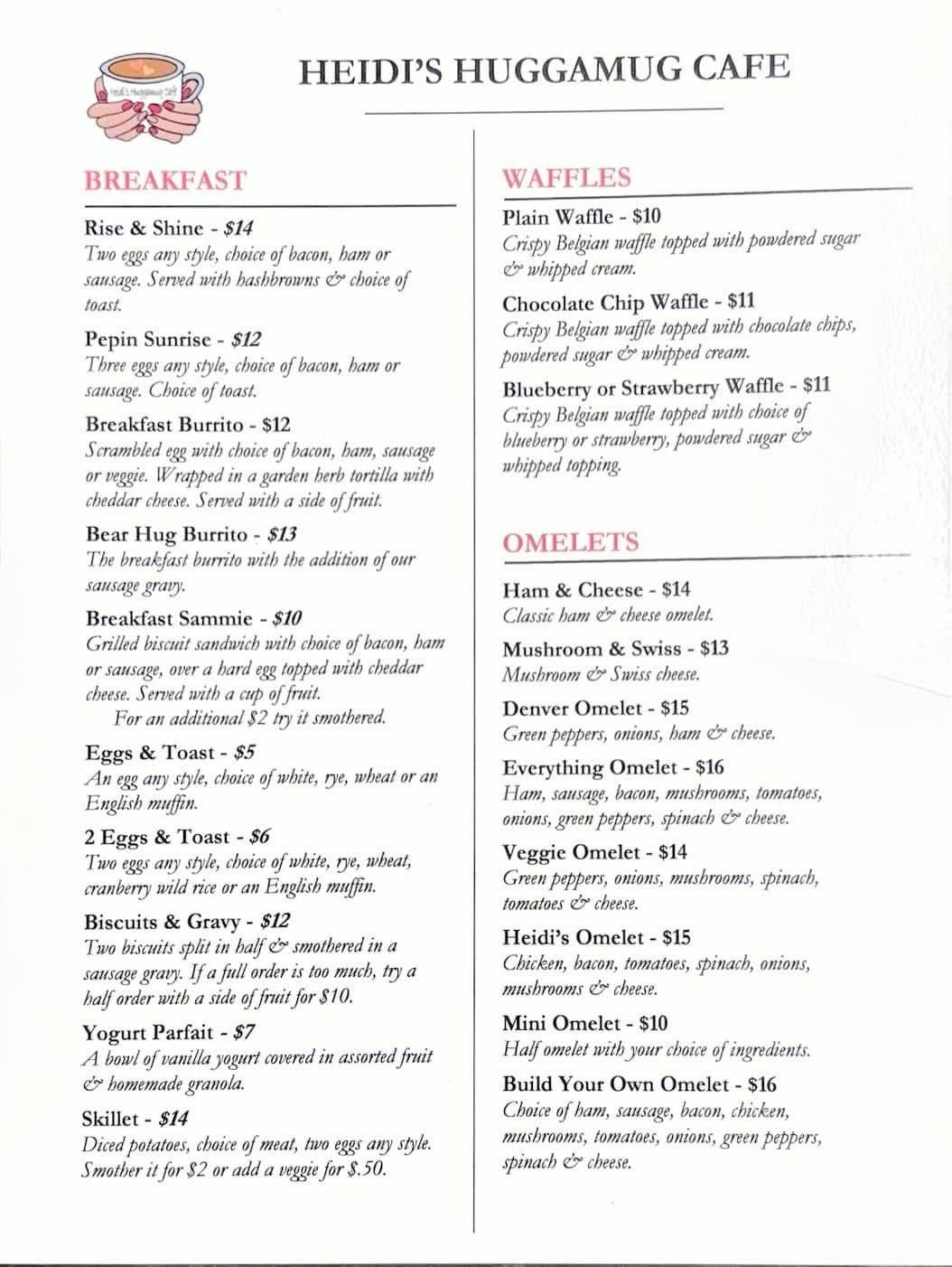 Menu at Heidi’s Huggamug Cafe, Lake City
