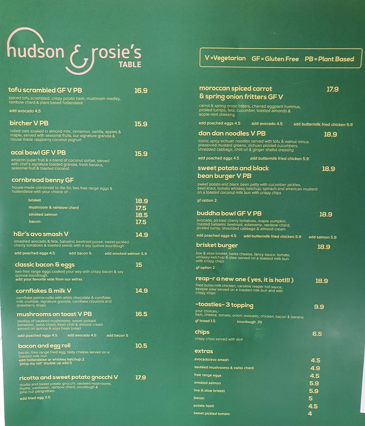 Menu at Hudson & Rosie's Table cafe, Highland Park