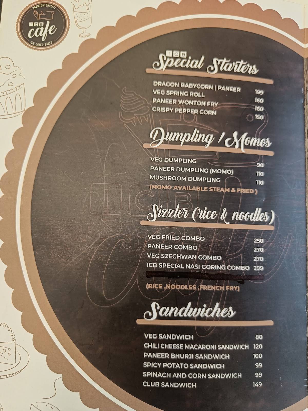 Menu at ICB Cafe, Bengaluru