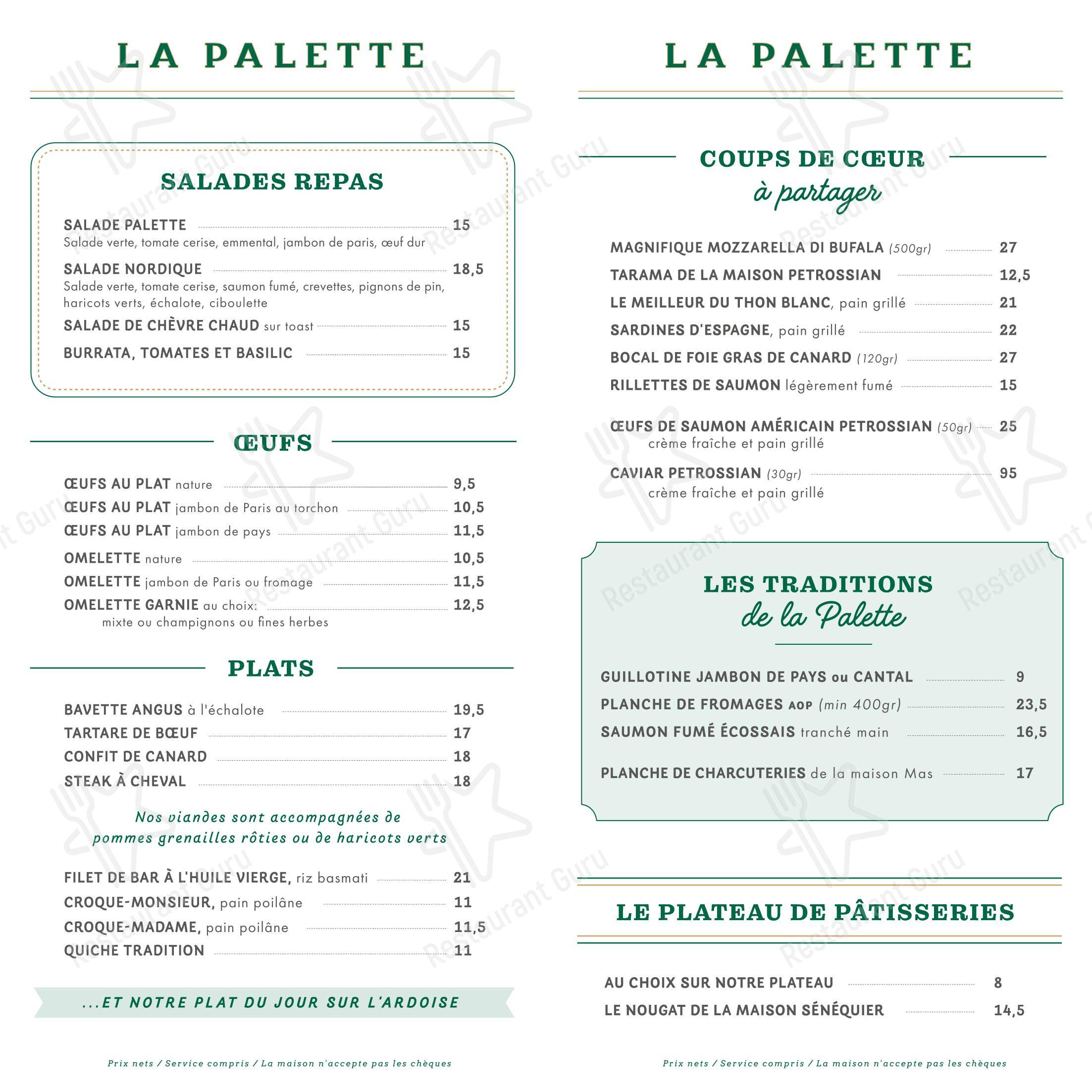 Menu at La Palette restaurant, Paris, 43 Rue de Seine